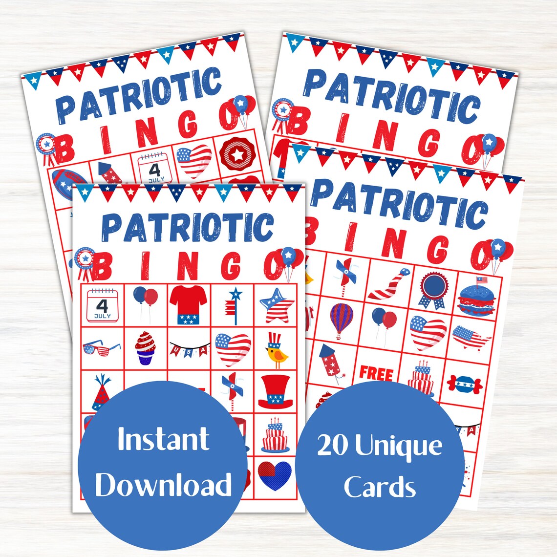 Printable Bingo, 20 Cards, Patriotic Bingo Cards, 4th of July Party ...