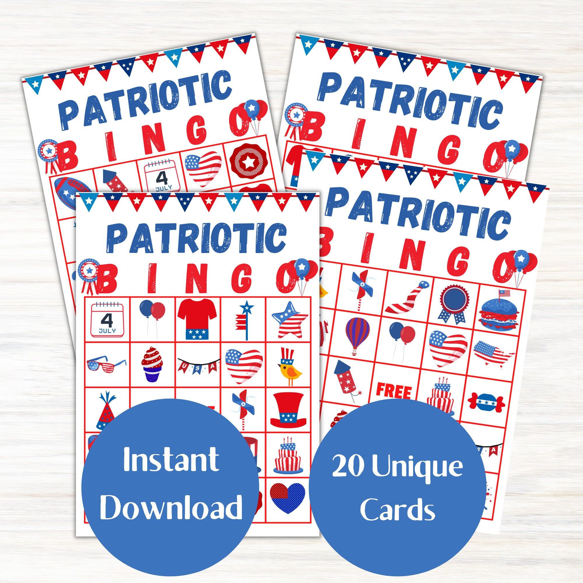 Printable Bingo, 20 Cards, Patriotic Bingo Cards, 4th of July Party ...