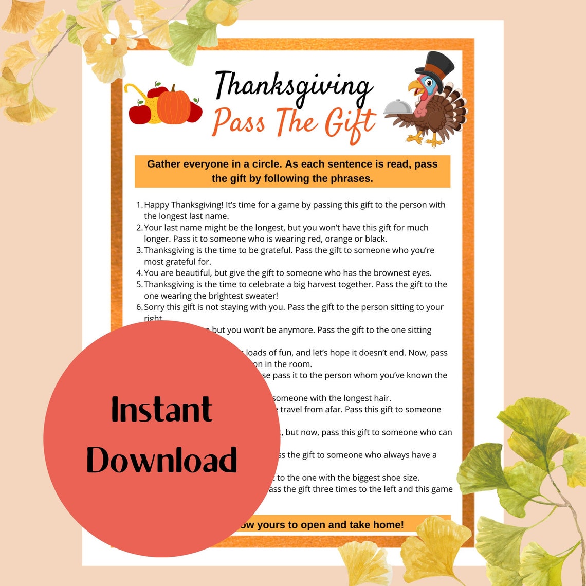 Pass the Gift Game Thanksgiving Game Printable - Etsy