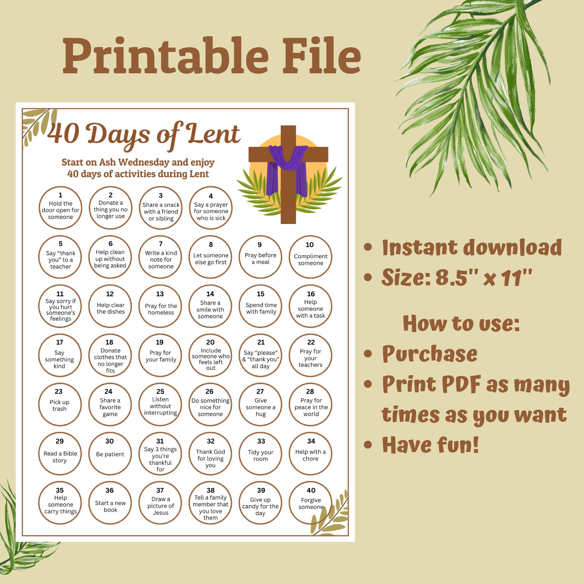 40 Days of Lent Countdown Calendar | Kids Lent Activity | Lenten ...