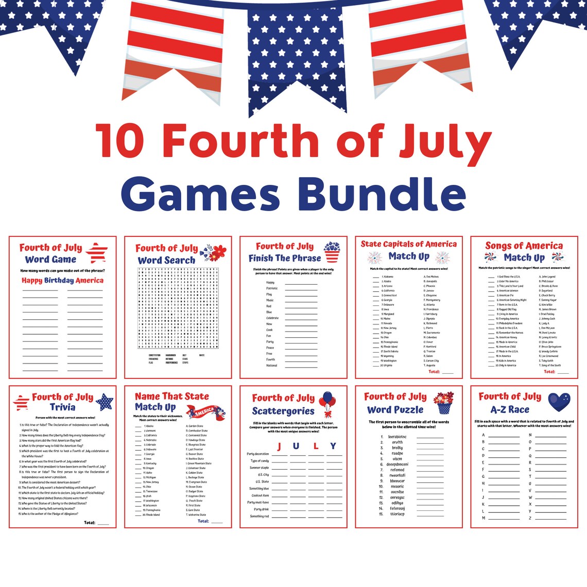 10 Fourth of July Games Bundle Independence Day Patriotic Games ...