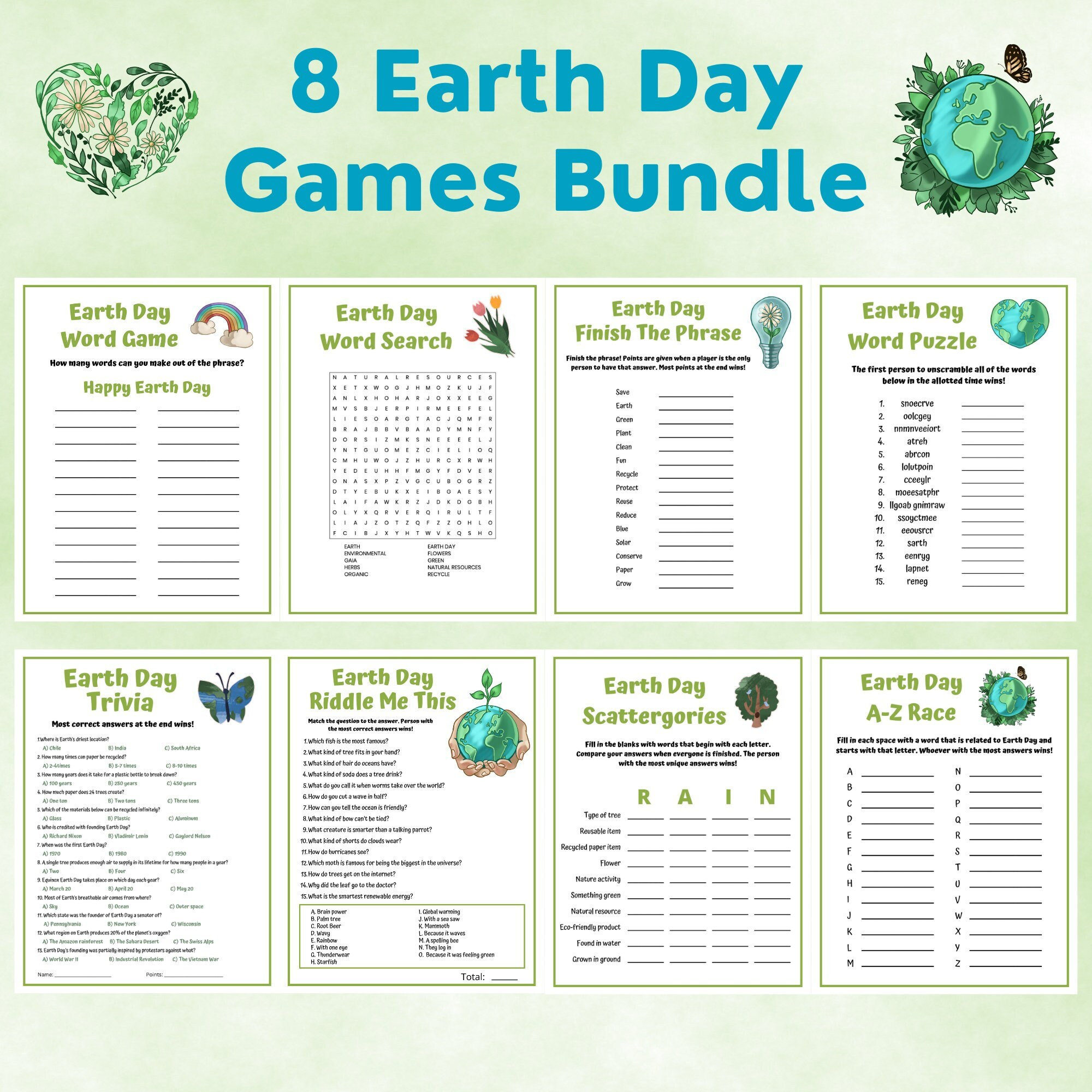 8 Earth Day Games Bundle | Earth Day Party Games for Adults & Kids ...