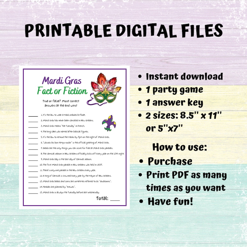 Mardi Gras Fact or Fiction Game | Printable Mardi Gras Party Game ...