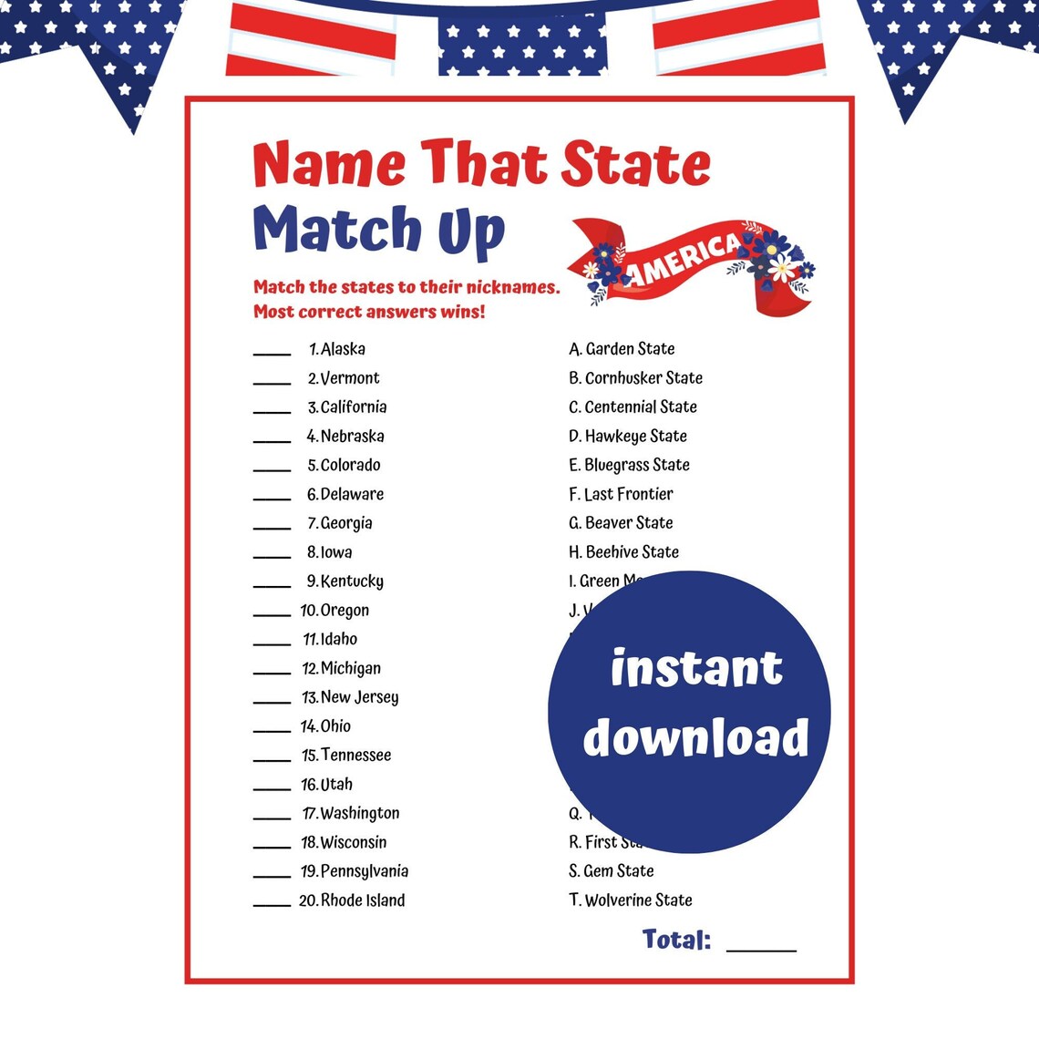 State Nicknames Trivia Game Printable Memorial Day Party Game Patriotic ...