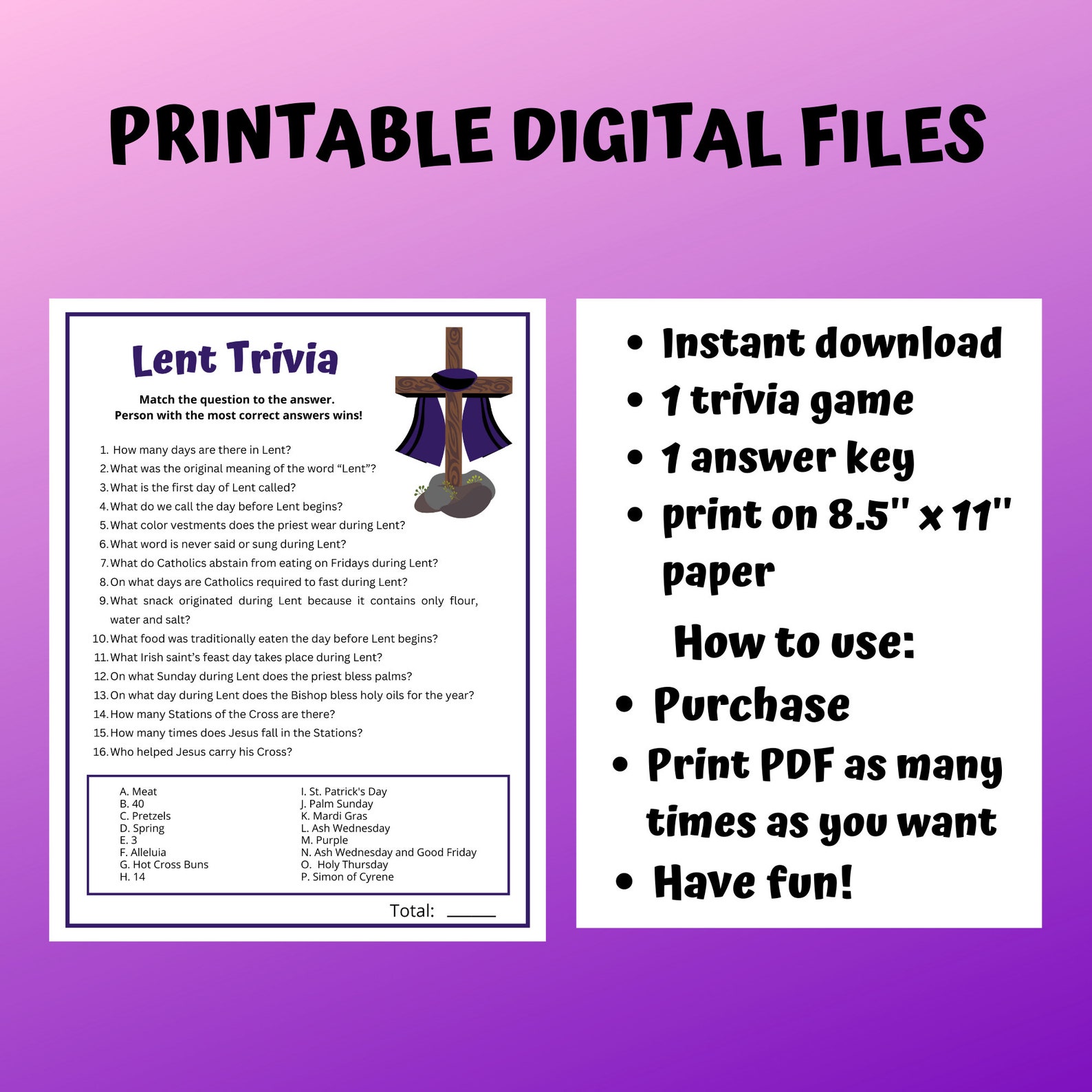 Lent Trivia Game | Kids or Adults Lent Trivia Quiz | Lenten Party Game ...