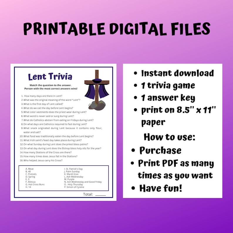Lent Trivia Game | Kids or Adults Lent Trivia Quiz | Lenten Party Game ...