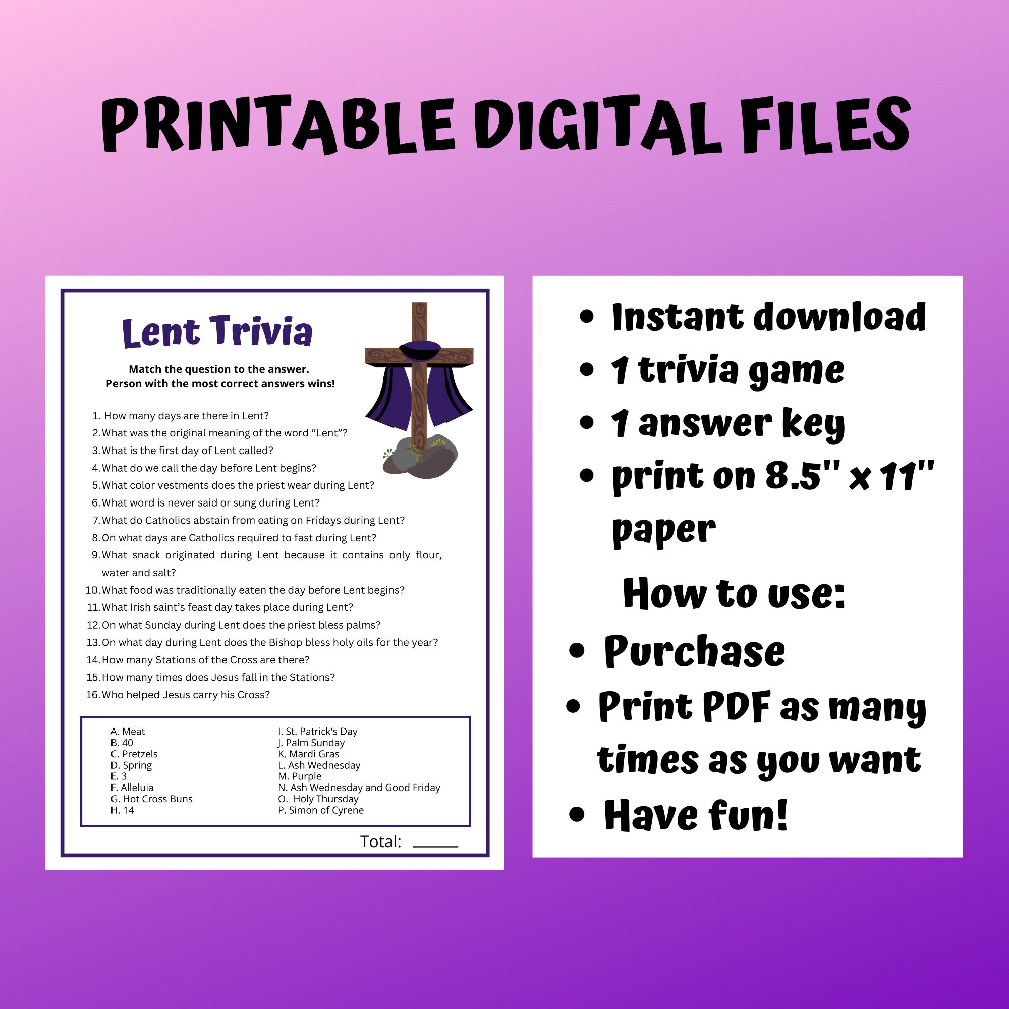 Lent Trivia Game | Kids or Adults Lent Trivia Quiz | Lenten Party Game ...