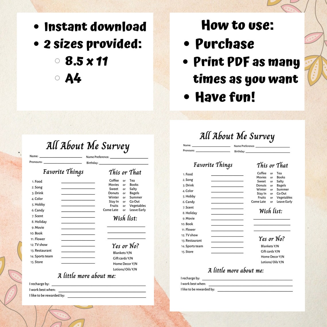 Coworker Questionnaire Survey | All About Me | Gift Exchange Ideas ...