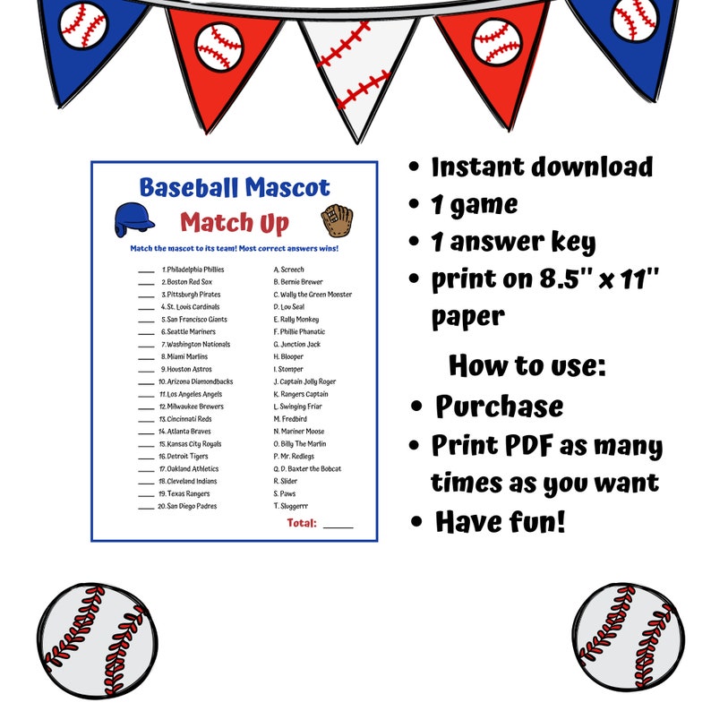 Baseball Mascot Match up Trivia | Baseball Team Party Games | MLB Game ...