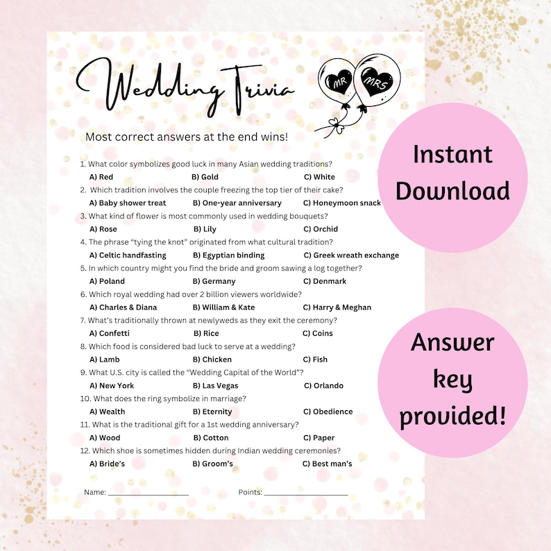 Wedding Trivia Printable Game | Bridal Shower Games | Wedding Games ...