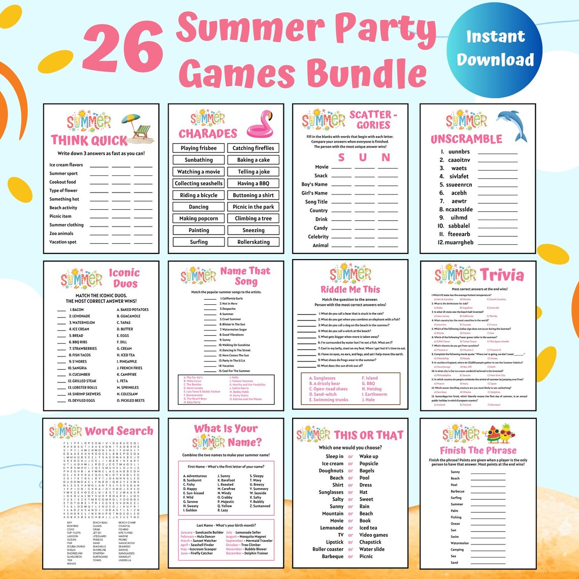 Summer Printable Summer Activities for Kids Adult Pool Party Game ...