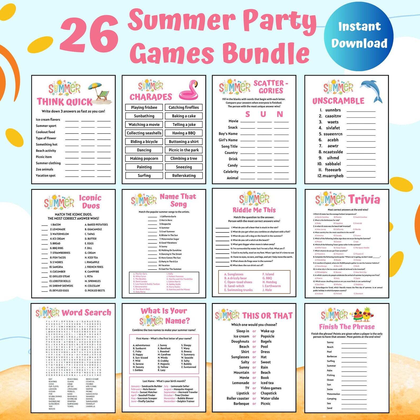 Summer Printable | Summer Activities for Kids | Adult Pool Party Game ...