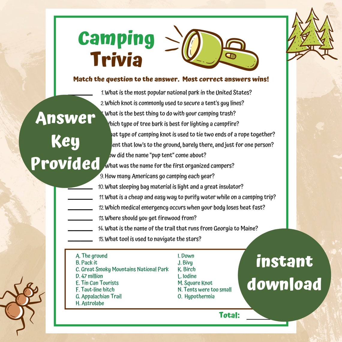 Camping Trivia Printable | Campground Games | Camping Activities for ...