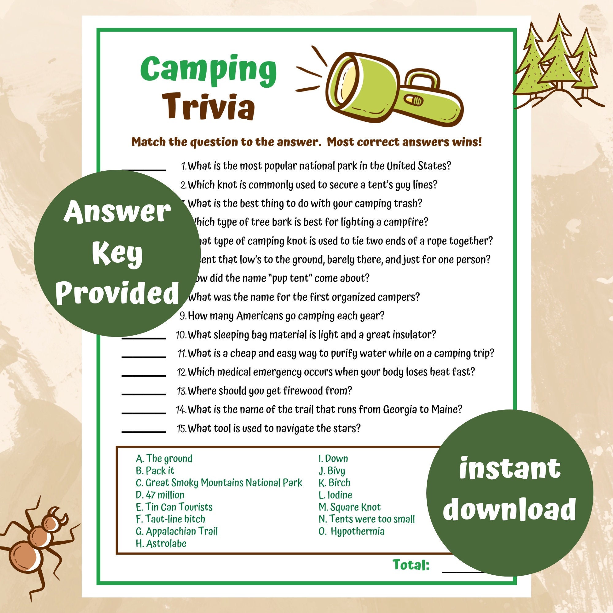 Camping Trivia Printable | Campground Games | Camping Activities for ...