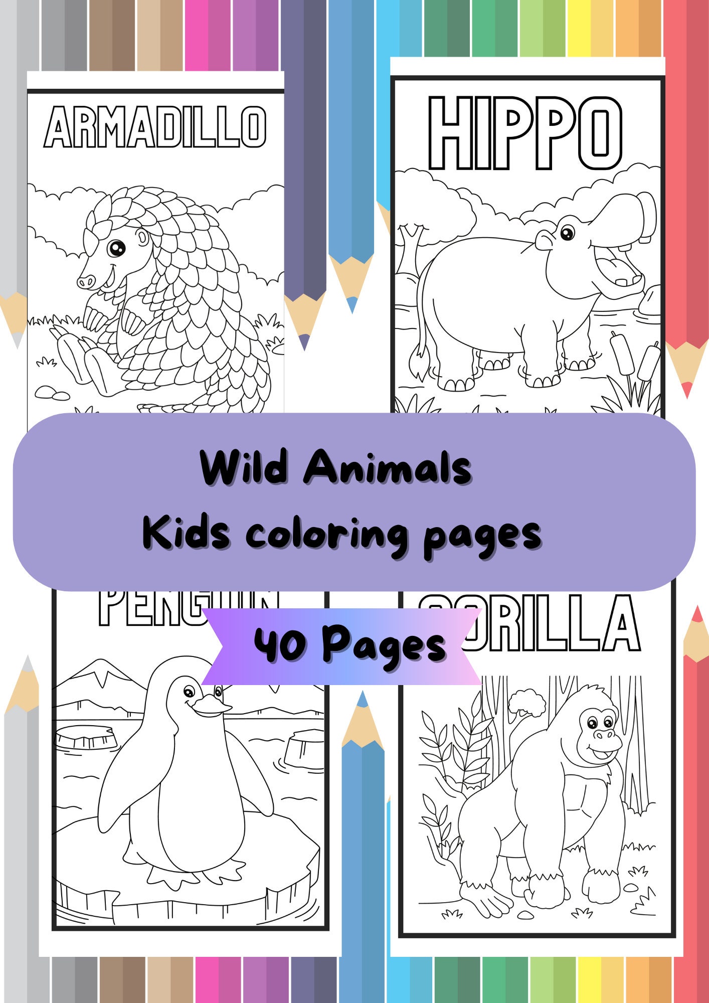 40 Kids Wild Animals Digital Download Coloring Pages | Ages 4+ - Etsy