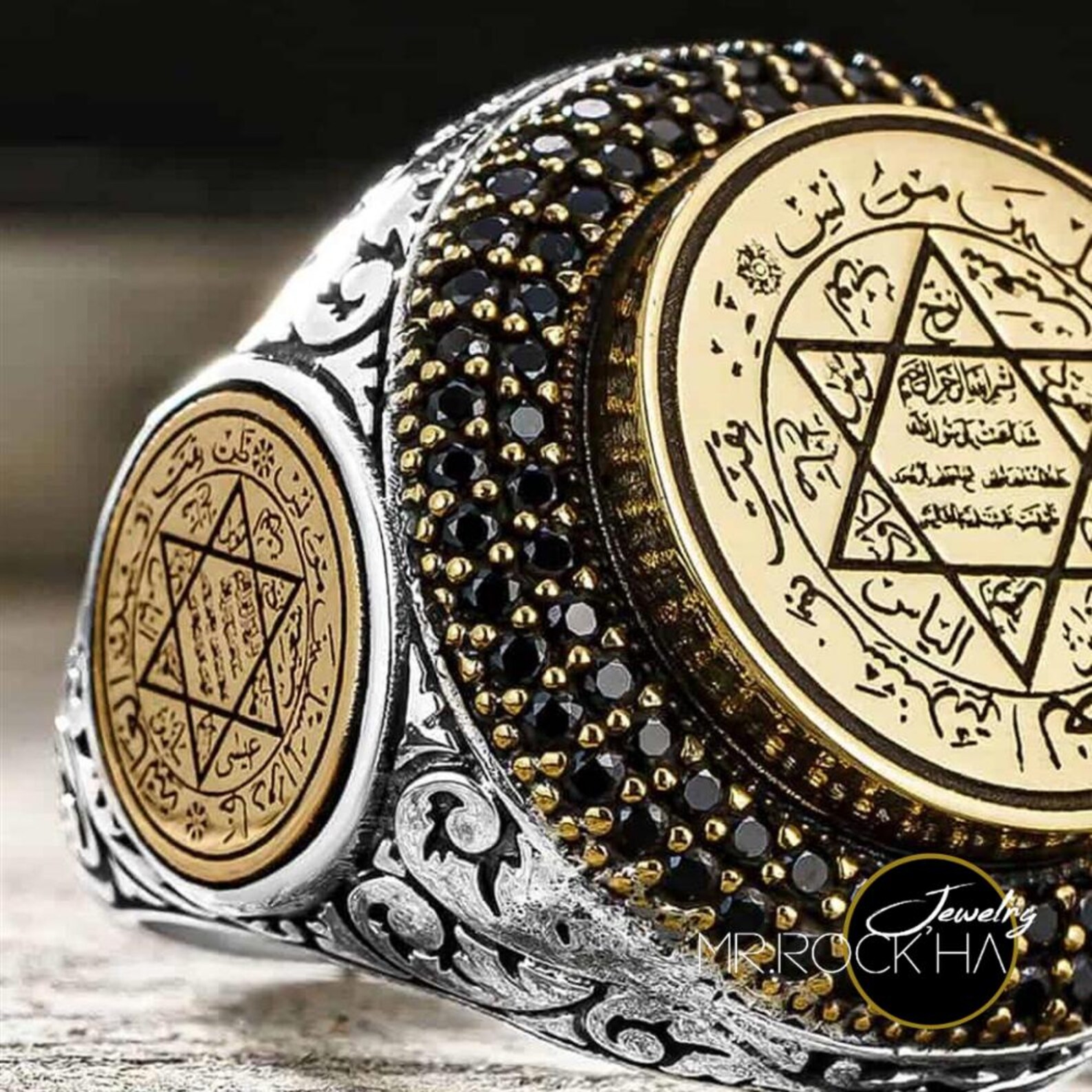 925 Sterling Silver Seal of Solomon Mens Ring: Black Zircon, Islamic ...
