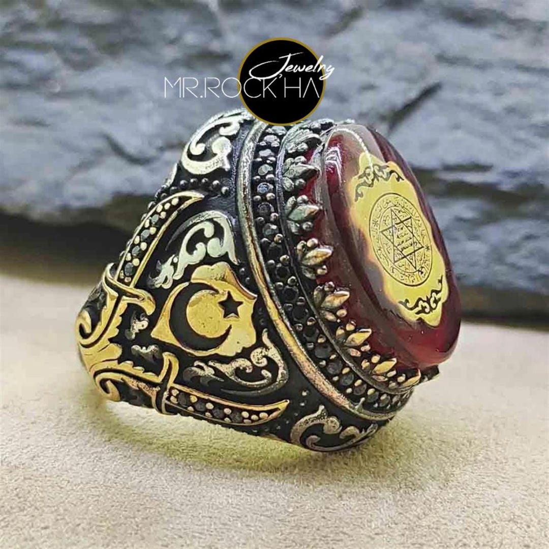 Handmade David's Star 925 Sterling Silver Mens Ring: Red Amber Stone ...