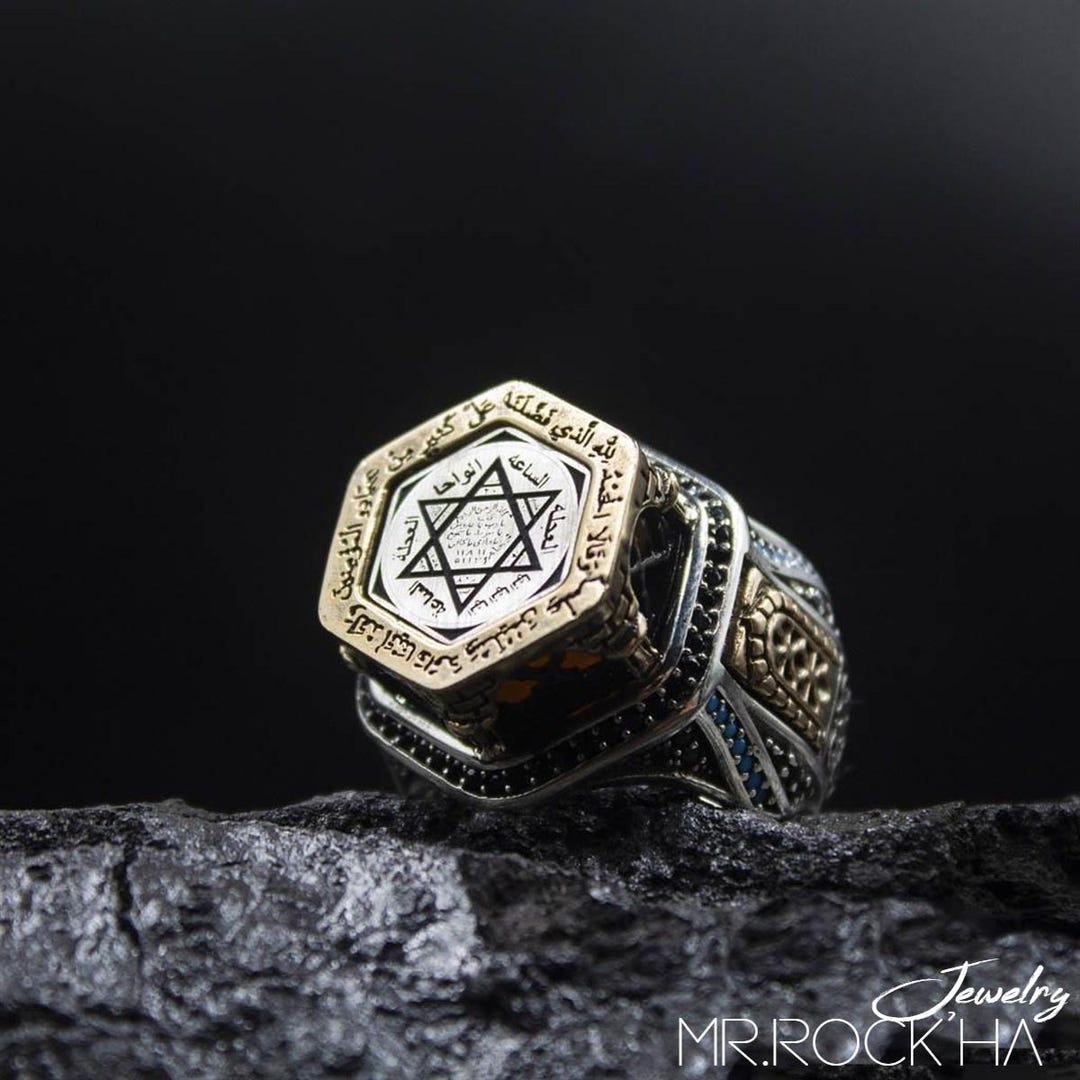 Hand Carved Domed 925 Sterling Silver Seal of Solomon Men's Ring Black ...