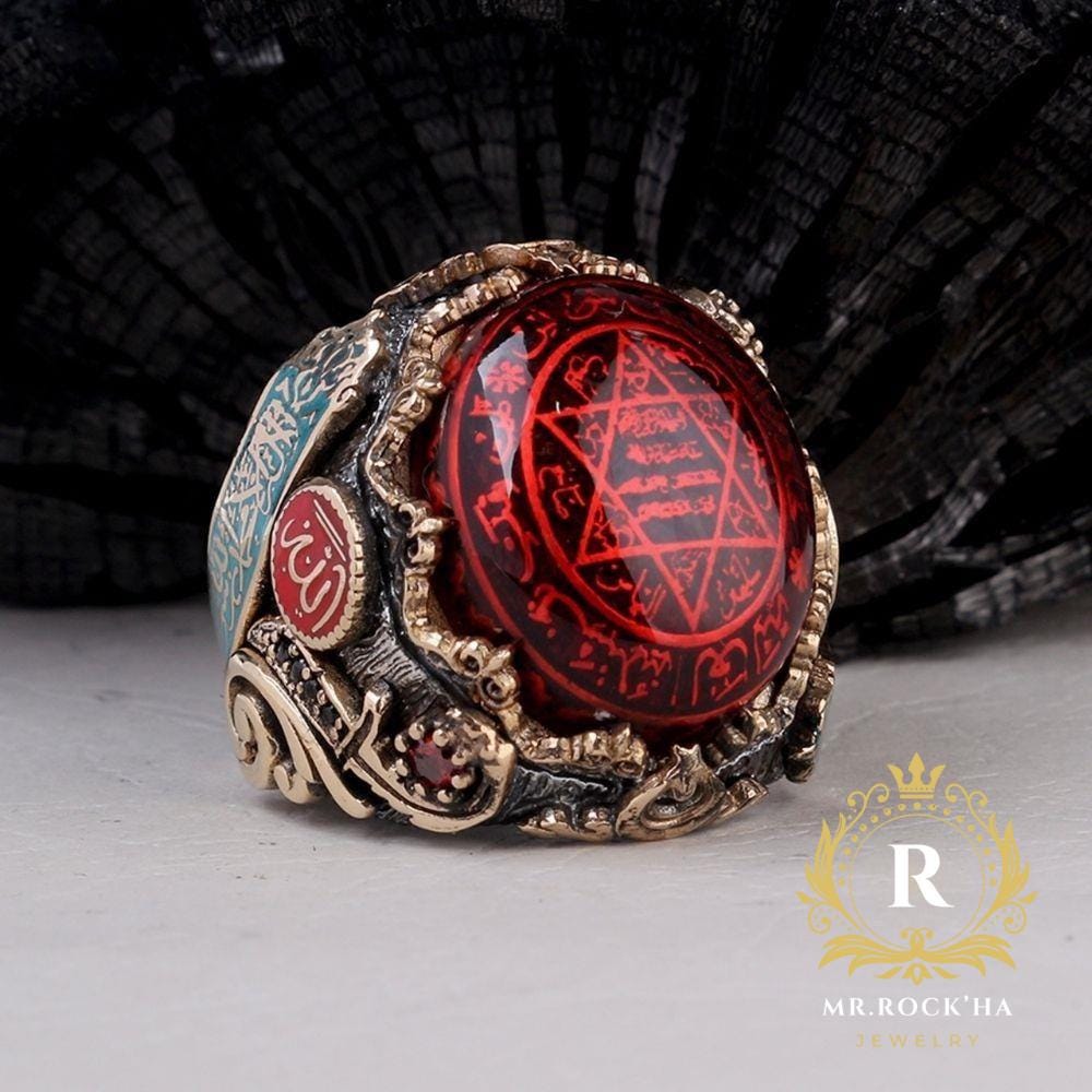 Seal of King Solomon,star of David,red Amber Stone,gold Plated,double ...