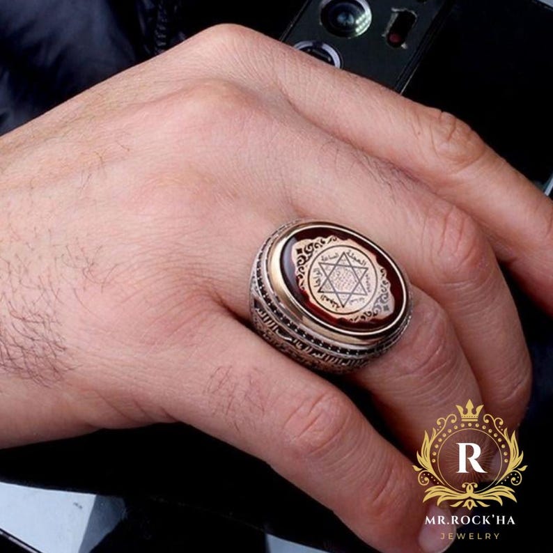 Seal of Solomon Red Amber Mens Ring: Turkish 925 Sterling Silver ...