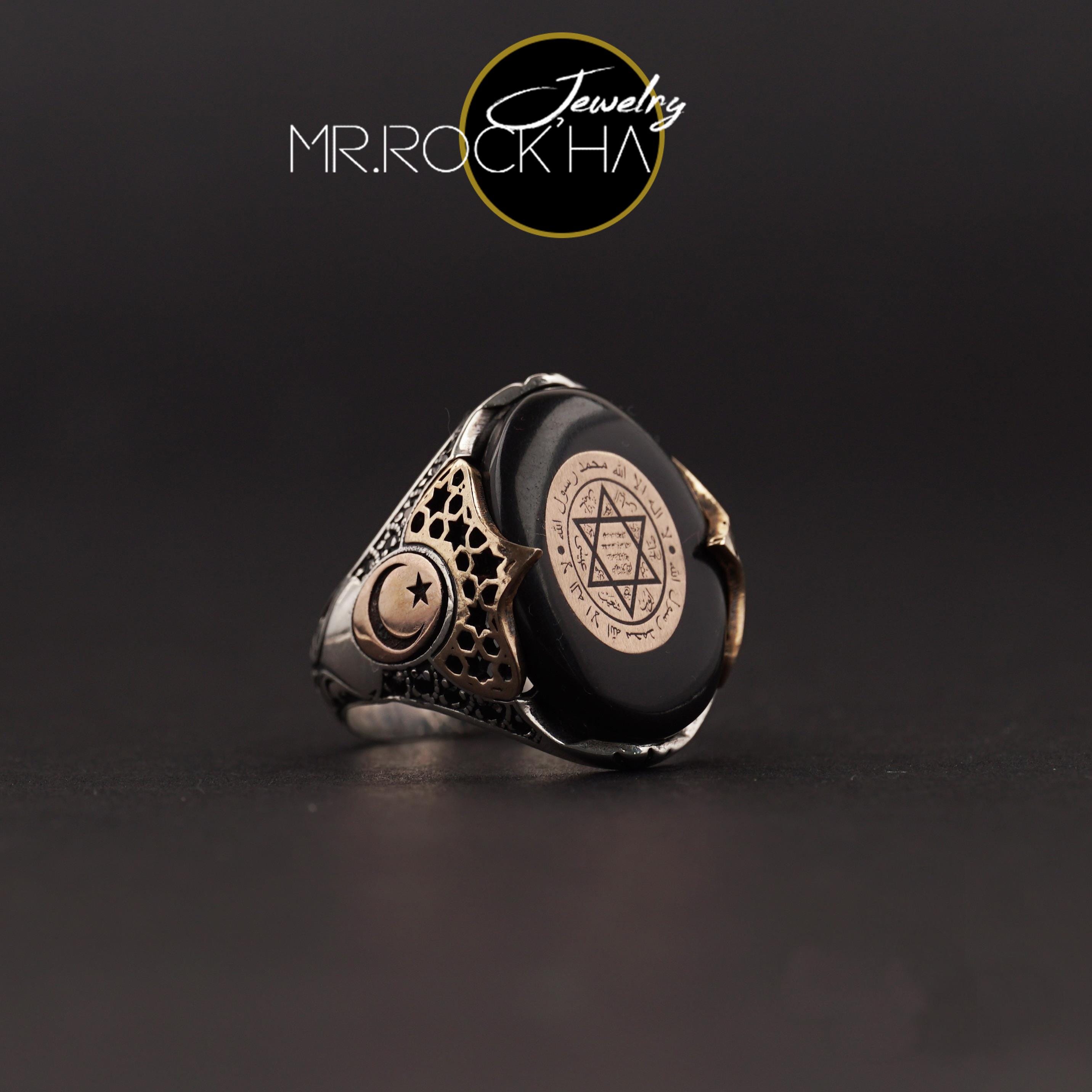 Seal of Solomon Mens Ring: Black Fire Amber Stone, 925 Sterling Silver ...