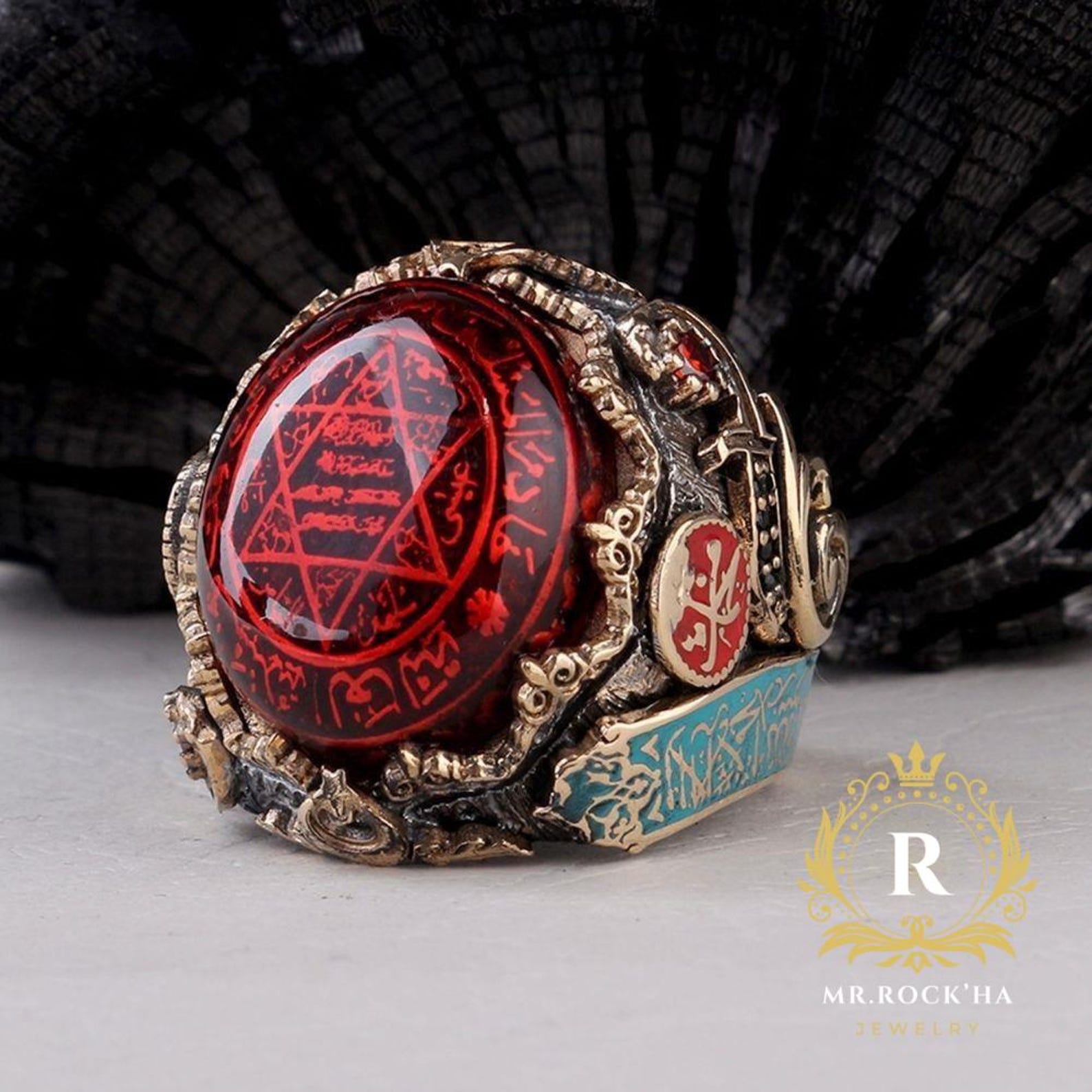 Seal of King Solomon,star of David,red Amber Stone,gold Plated,double ...
