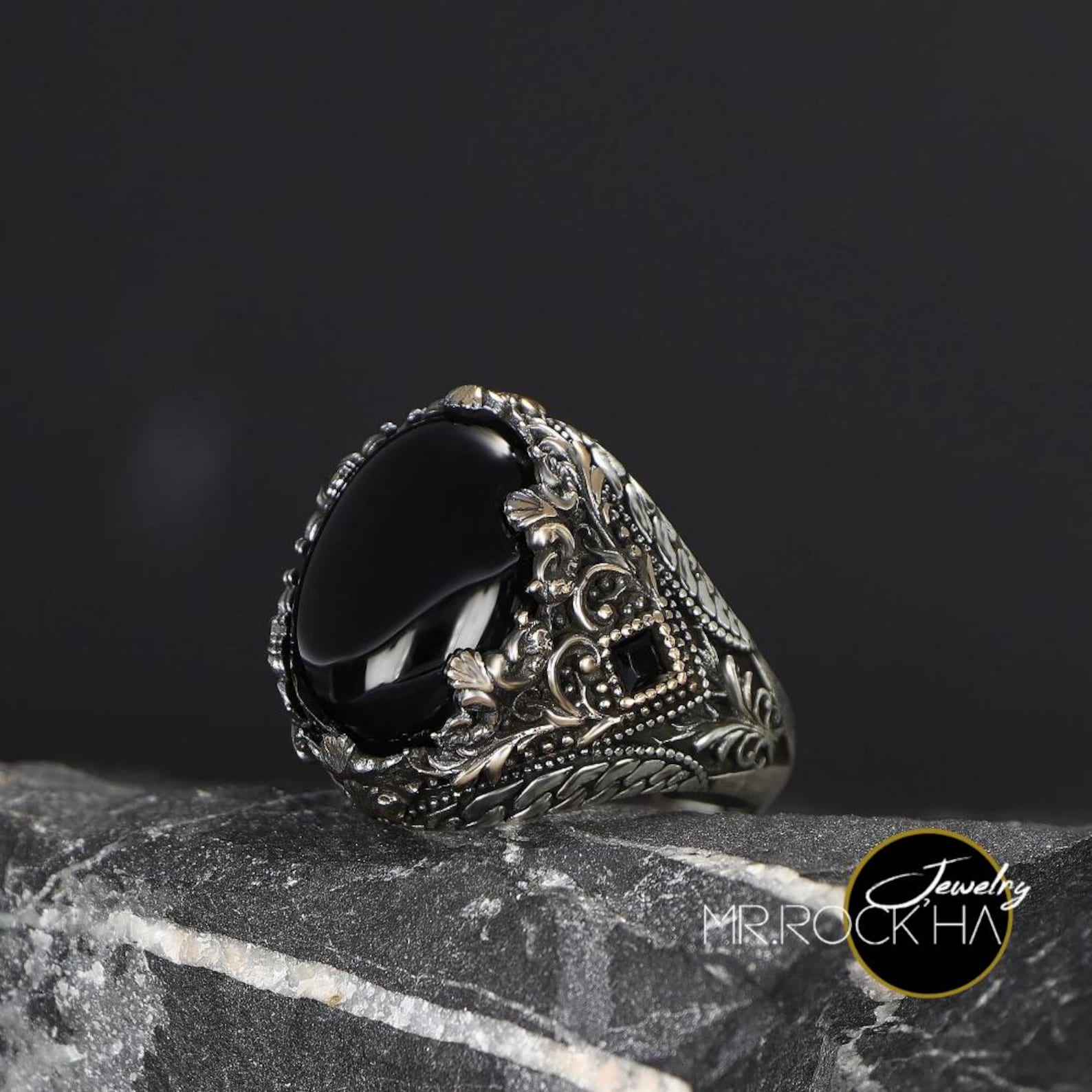 Handmade Black Onyx Stone 925 Sterling Silver Men's Ring: Engraved ...