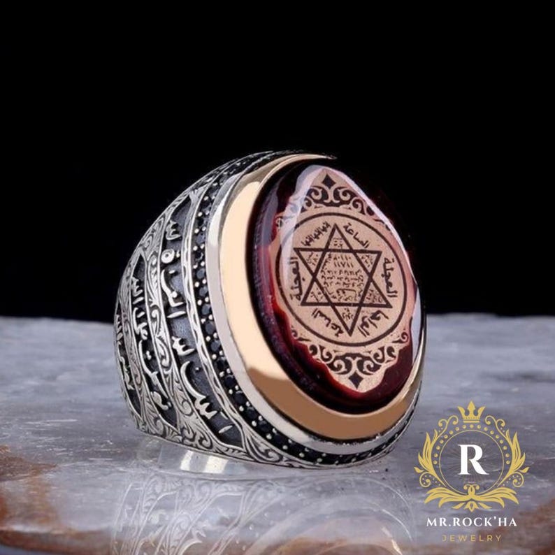 Seal of Solomon Red Amber Mens Ring: Turkish 925 Sterling Silver ...