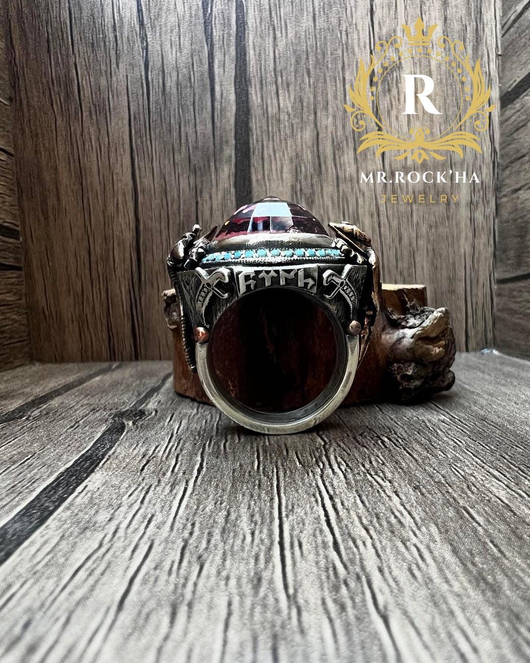 Handmade 925 Sterling Silver Mens Ring: Ottoman Axe, Red Natural Stone ...