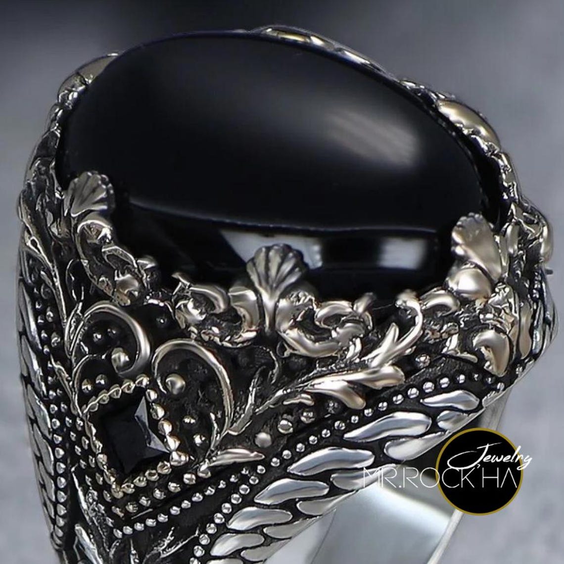 Handmade Black Onyx Stone 925 Sterling Silver Men's Ring: Engraved ...