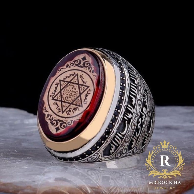 Seal of Solomon Red Amber Mens Ring: Turkish 925 Sterling Silver ...