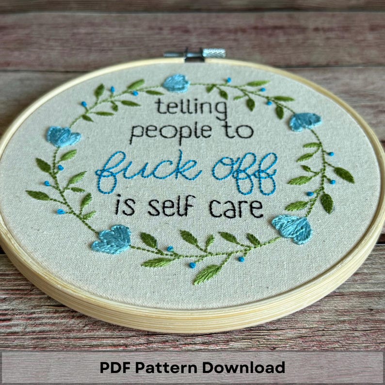 Snarky Self Care Embroidery Pattern: Floral Wreath (PDF Download) - Etsy