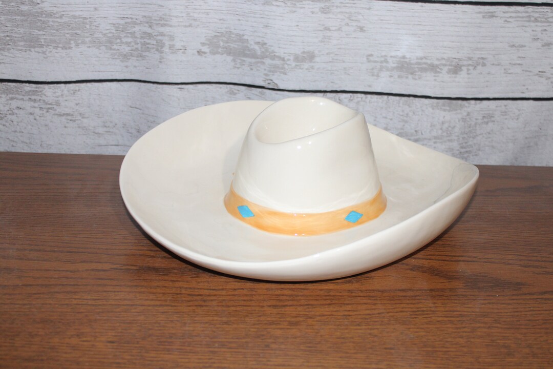 Salsa Chip and Dip Cowboy Hat Tray Western Ceramic Dish Teal Diamond on ...