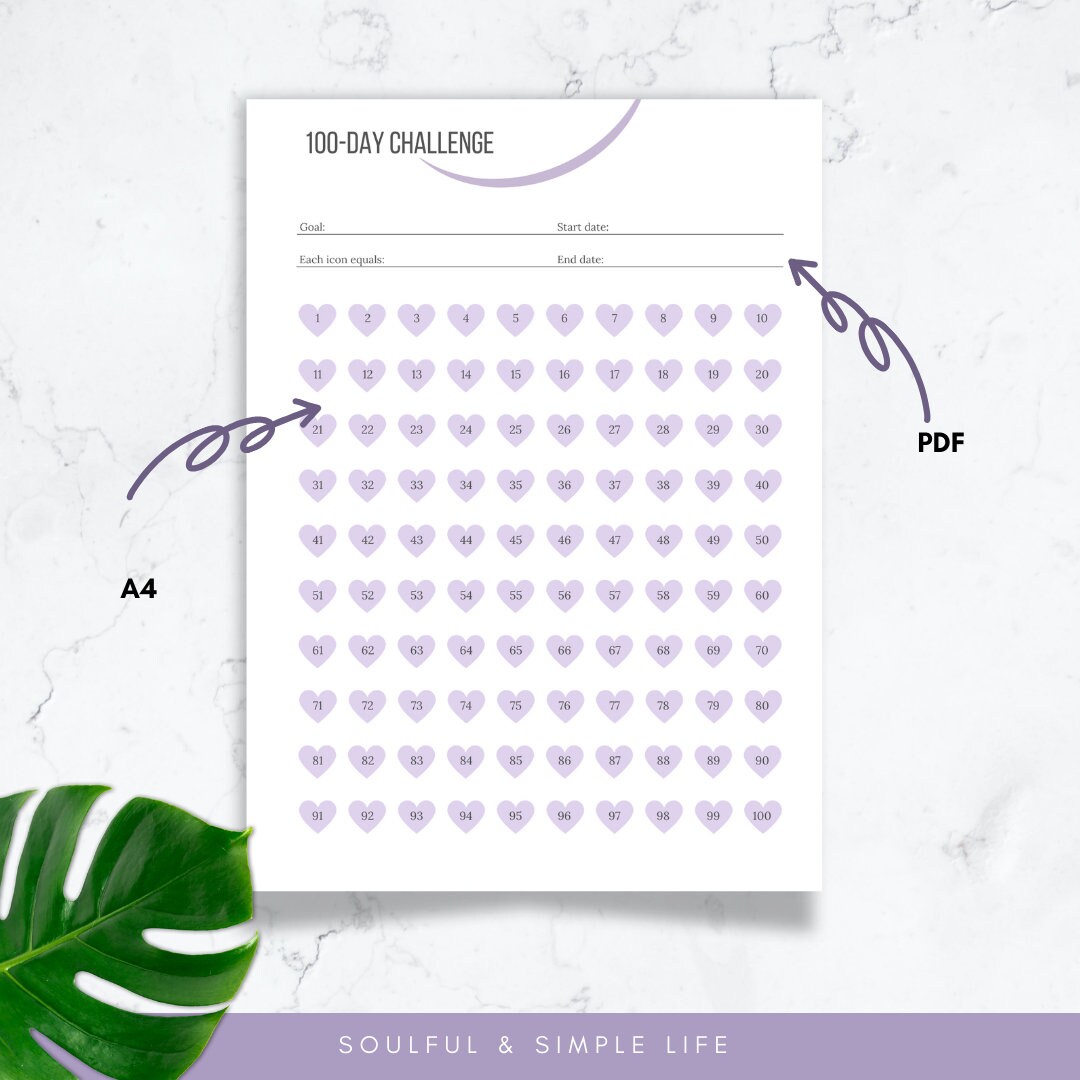 Printable 100 Day Challenge Tracker, Habit Tracker, Goal Tracker, Goal ...