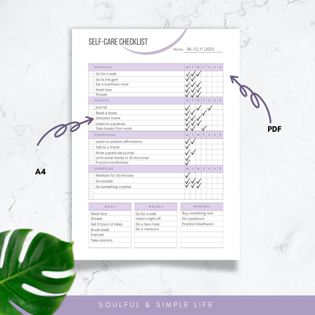 Printable Self Care Checklist Worksheet Self Care Tracker Self Care