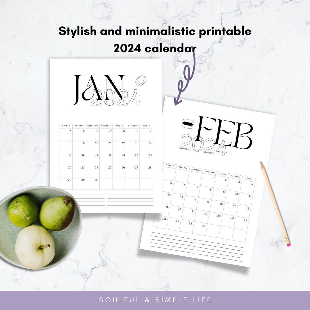Printable 2024 Calendar Minimalistic Black and White - Etsy