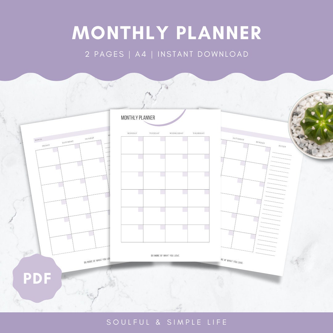 Undated Monthly Planner Printable, Month on Two Pages, Month at A ...