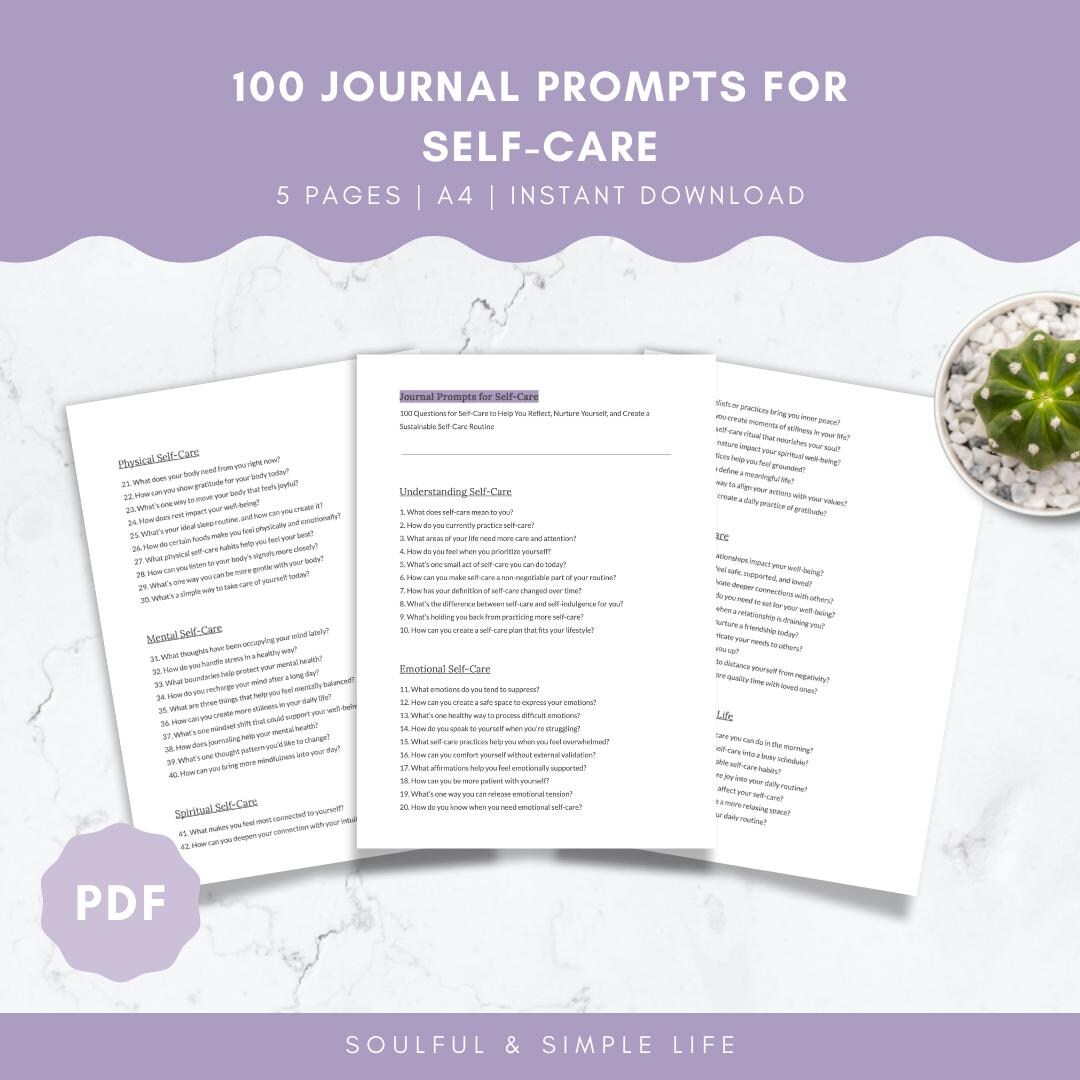 100 Journal Prompts for Self-care | Mindfulness & Reflection PDF | 100 ...