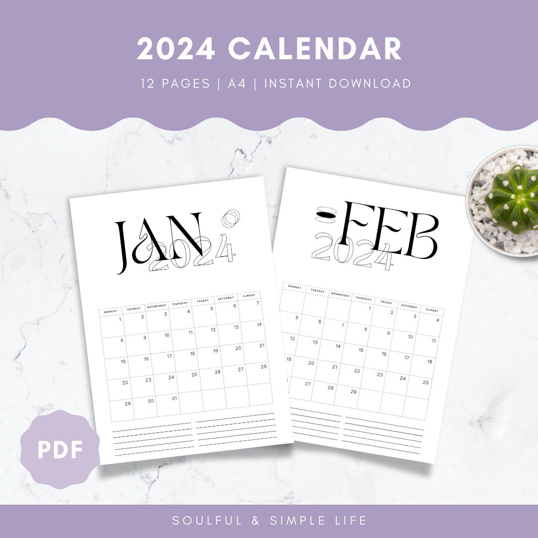 Printable 2024 Calendar Minimalistic Black and White - Etsy