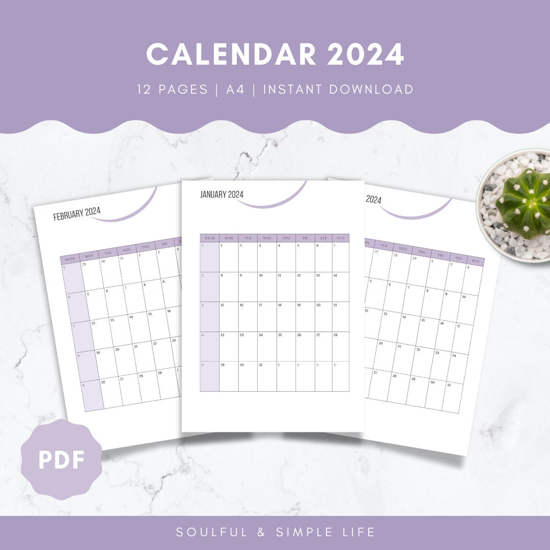 2024 Monthly Calendar, Printable Calendar Template, Minimalist Calendar ...