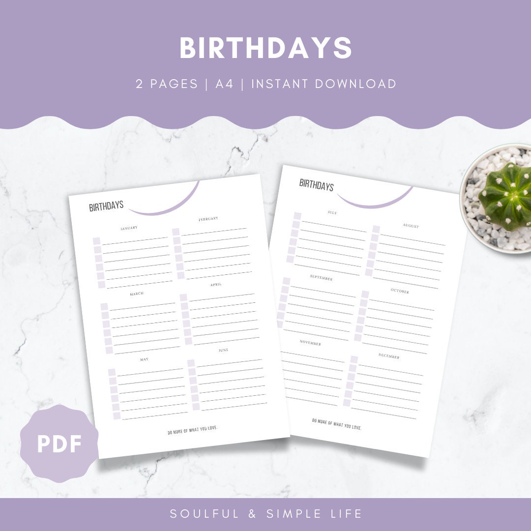 Birthday Tracker Printable Template Birthday Calendar - Etsy