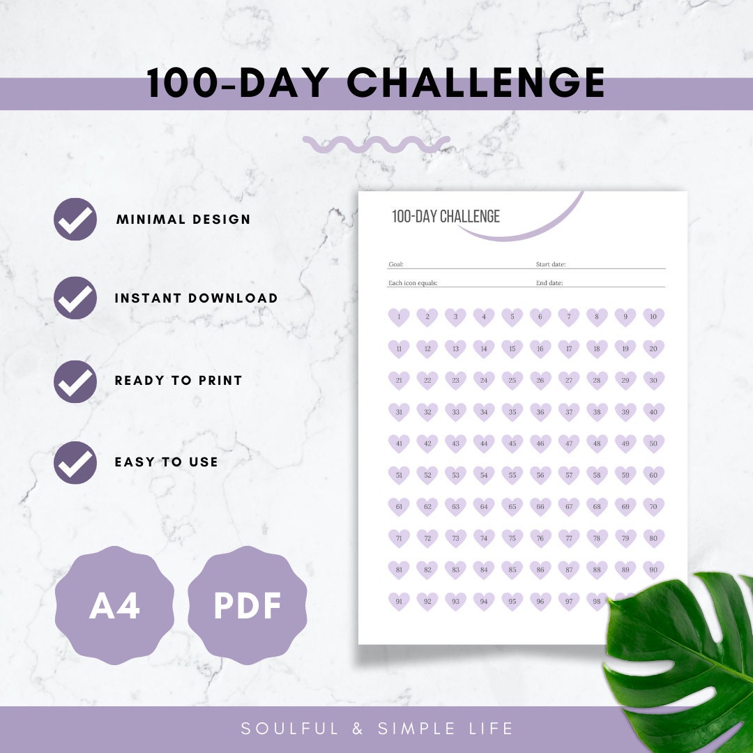 Printable 100 Day Challenge Tracker, Habit Tracker, Goal Tracker, Goal ...