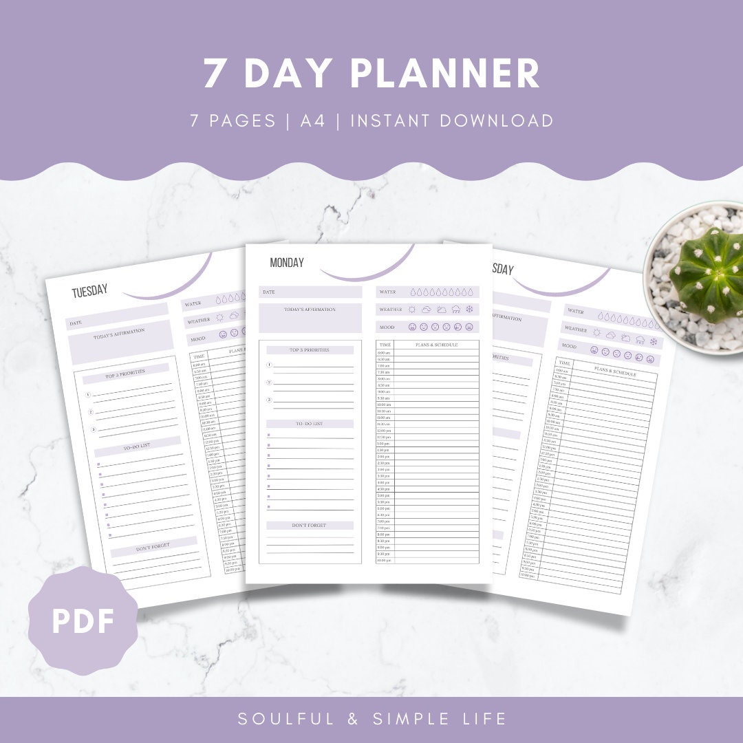 7 Day Planner Printable, Daily Planner, Weekly Planner, Daily to Do ...