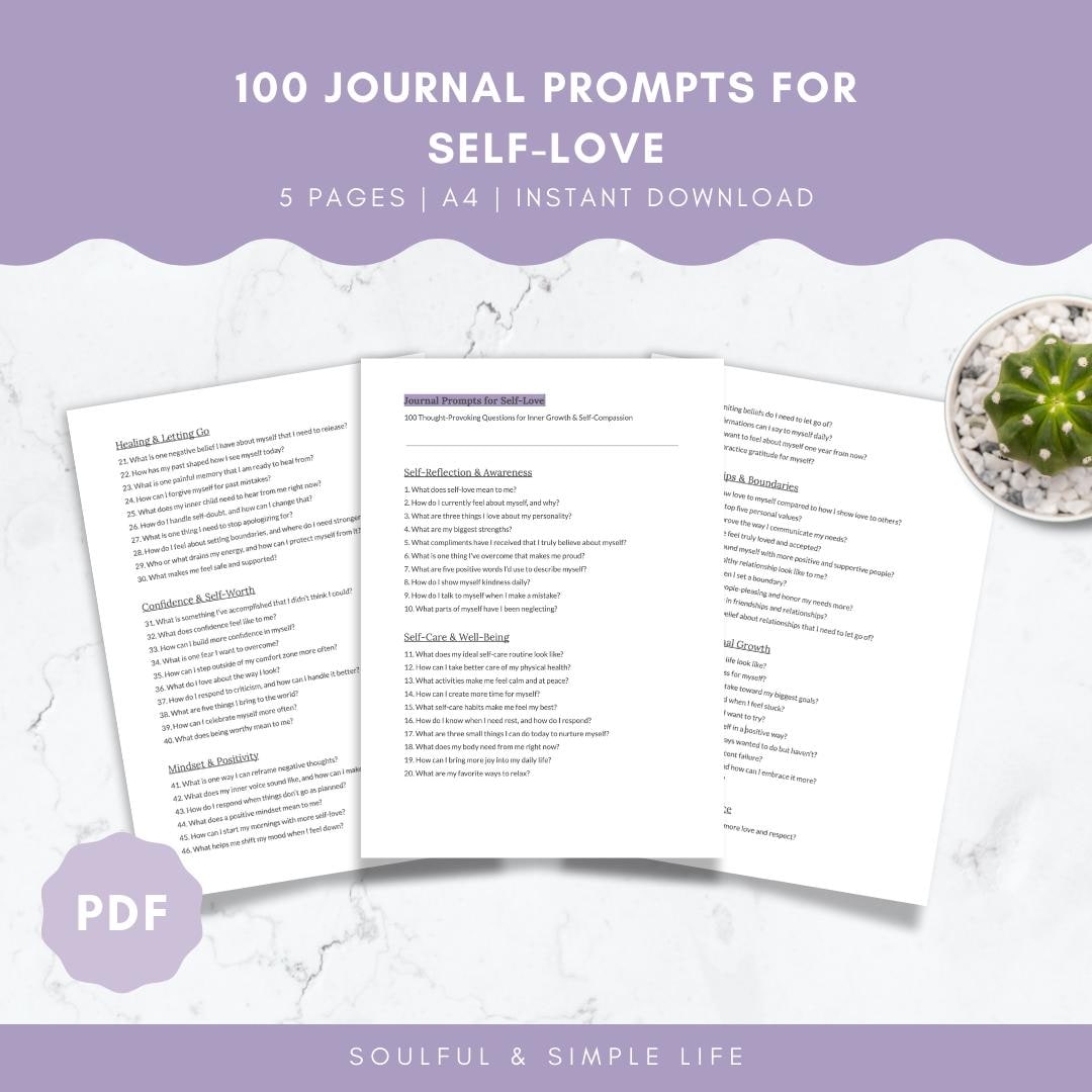 100 Journal Prompts for Self-love | A4 Printable | Self-love Journal ...