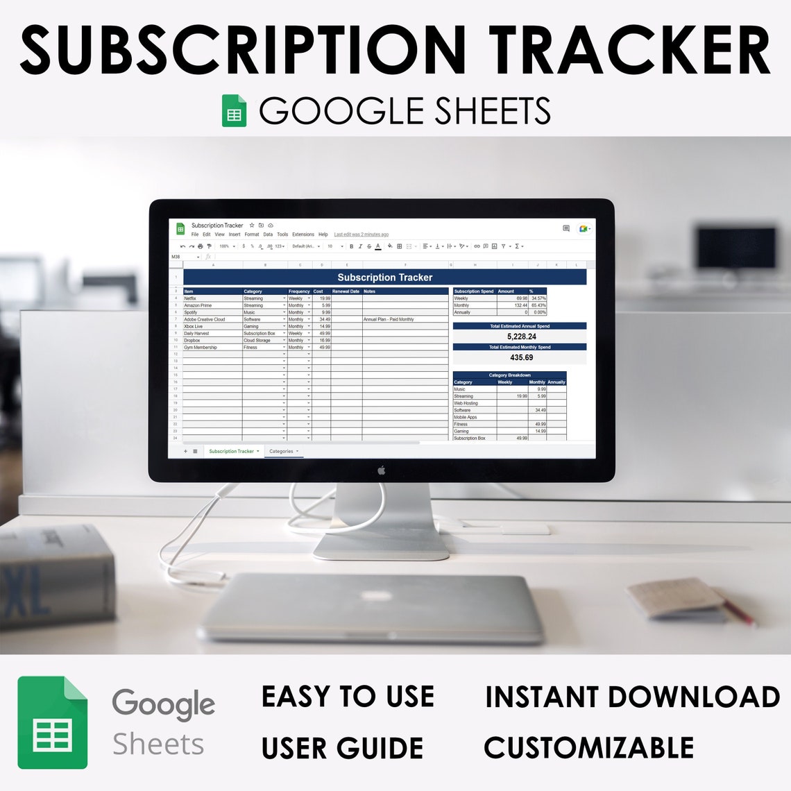 Subscription Tracker, Google Sheets Subscription Tracker, Monthly Subscription, Subscription ...
