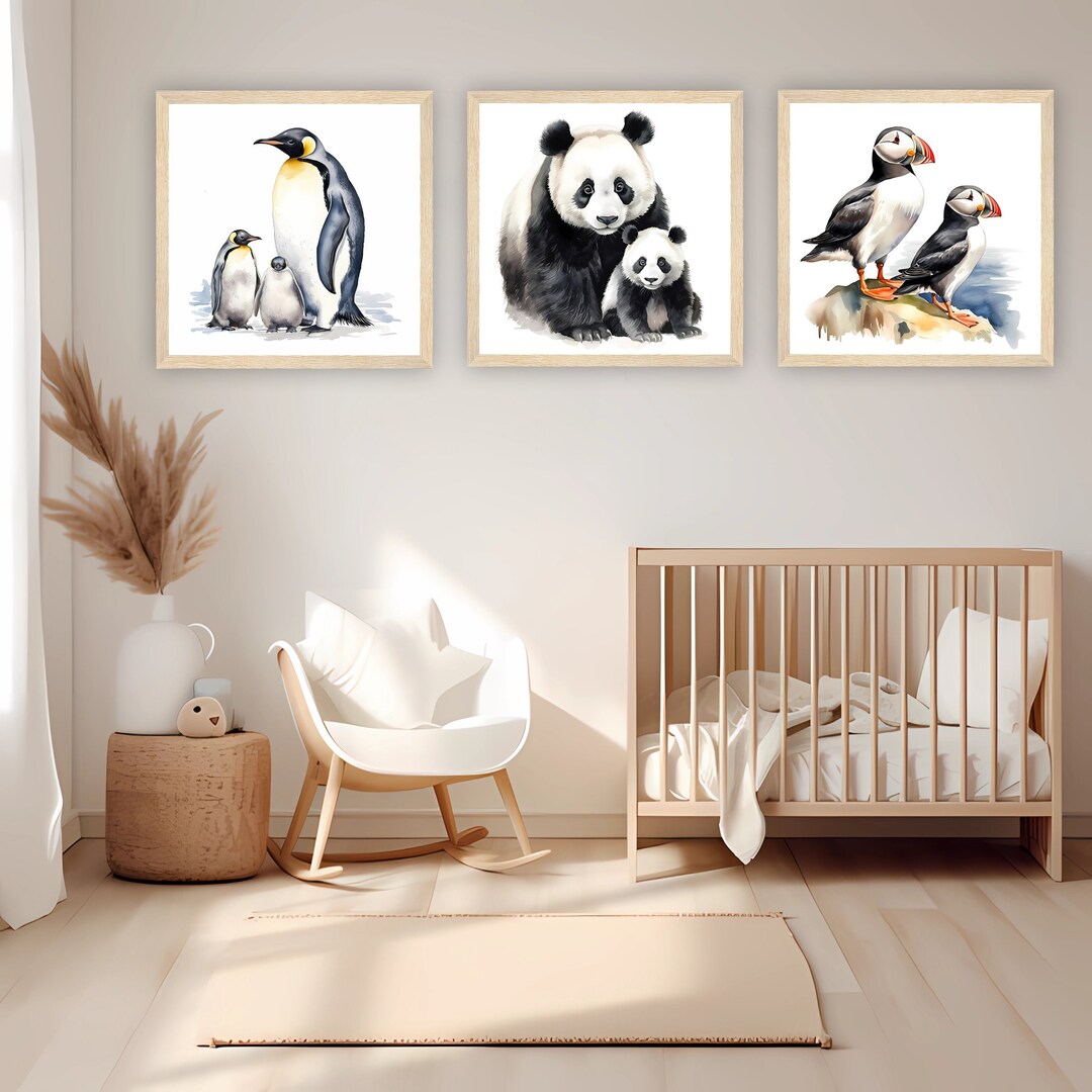 Printable Wall Art X 3 - Watercolour Penguin, Puffin & Panda Family ...
