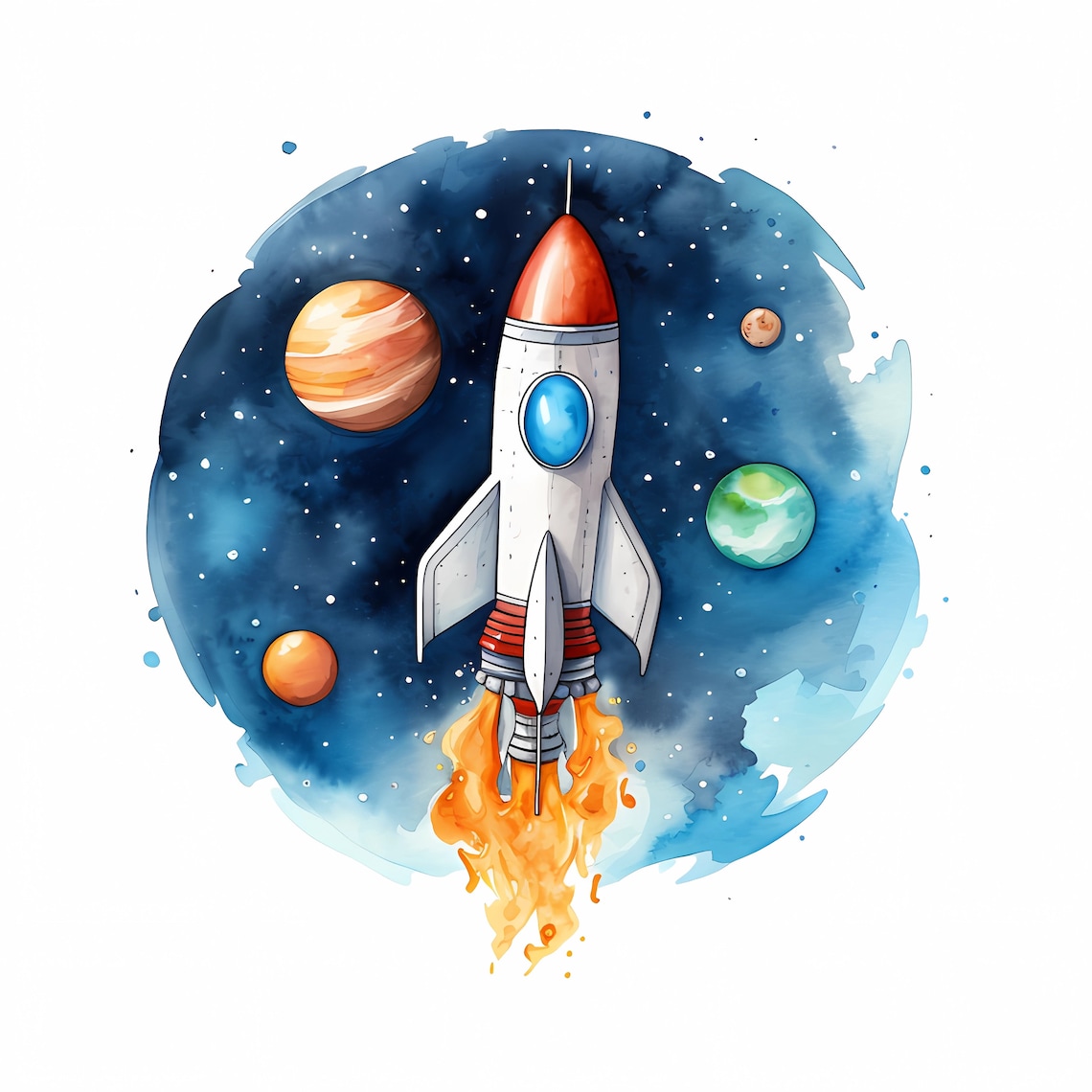 Printable Wall Art - Watercolour Rocket Ship in Space - DIY Decor - Etsy