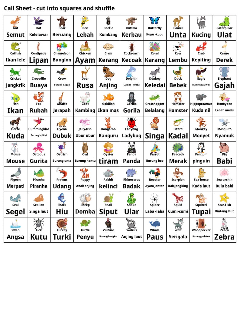 1000 Indonesian Animal Bingo Language Learning Cards Bahasa Indonesia ...