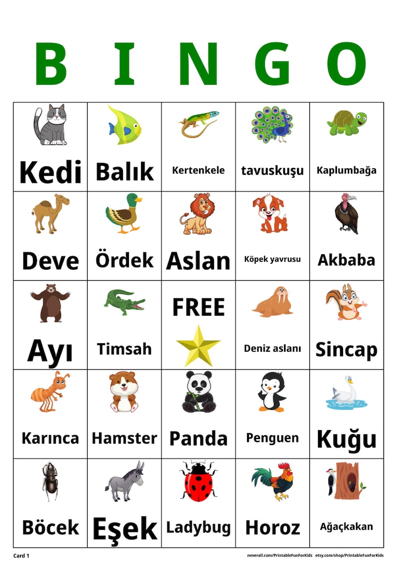 1000 Turkish Animal Bingo Language Learning Cards Türk - A4 & US Letter ...