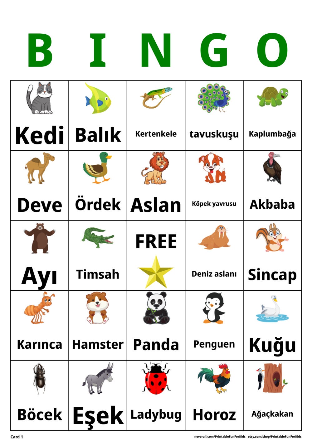 1000 Turkish Animal Bingo Language Learning Cards Türk - A4 & US Letter ...